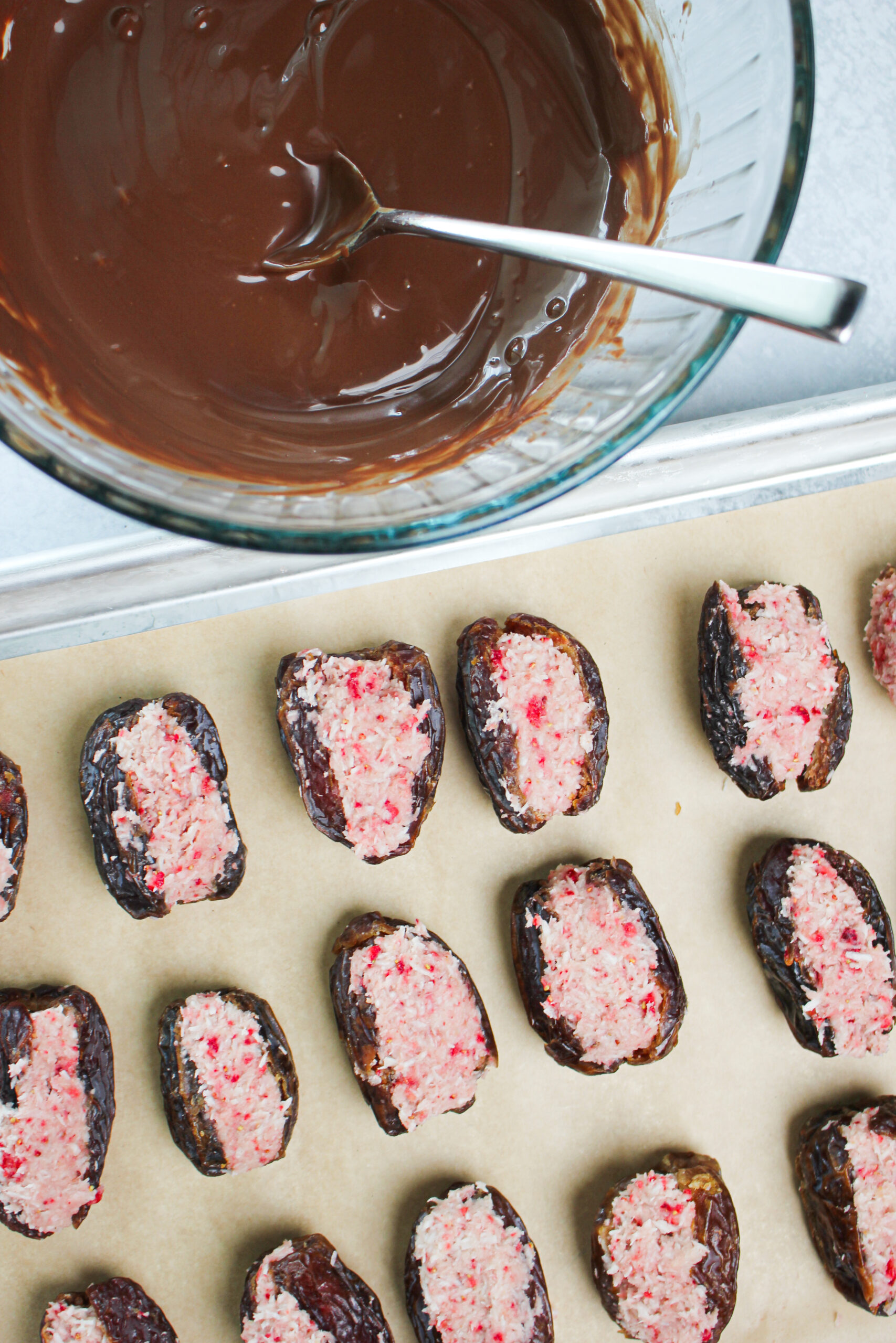 Strawberry Coconut Cream Stuffed Dates Dipped in Chocolate - The Happy ...